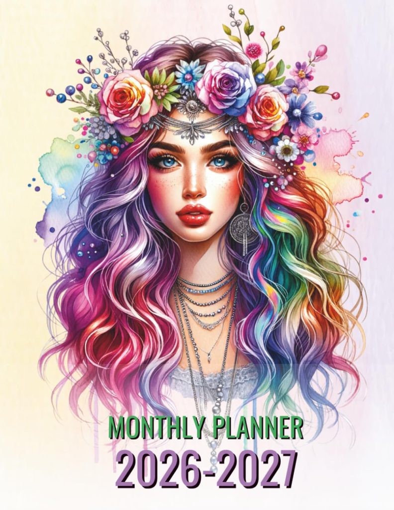 2026-2027 Monthly Planner with Whimsical Rainbow Boho Girl Cover Design ...